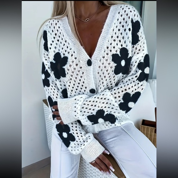 Anthropologie | Sweaters | Black Crochet Knit Floral V Neck Boho ...